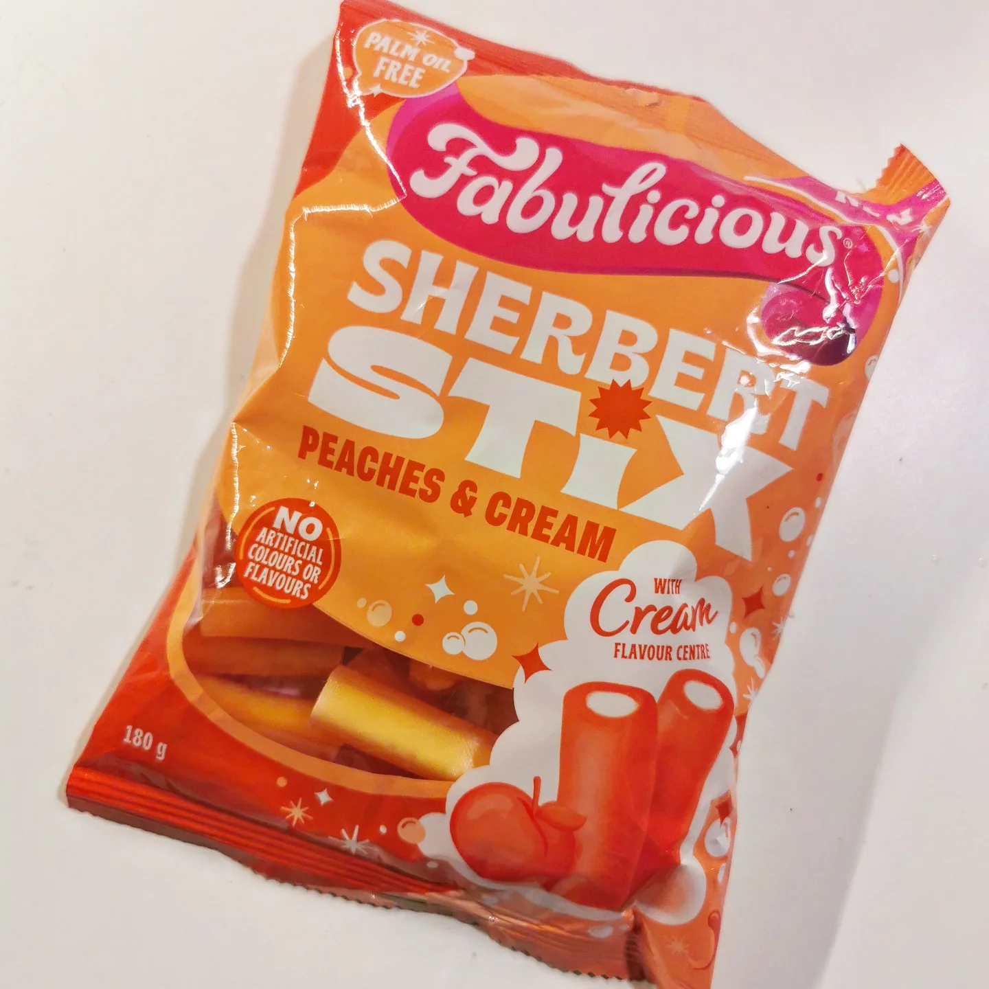 Fabulicious - Sherbert Stix - Peaches & Cream - @sh1teater NZ snack reviews